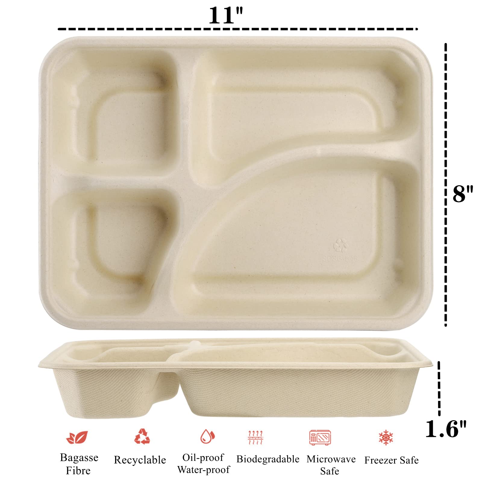 Lyellfe 50 Pack Compostable Paper Plates, Eco-friendly Natural Sugarcane 4 Compartment Plate, Heavy Duty Lunch Tray, Disposable Divided Sectional Plate, Microwave Freezer Safe for Party School