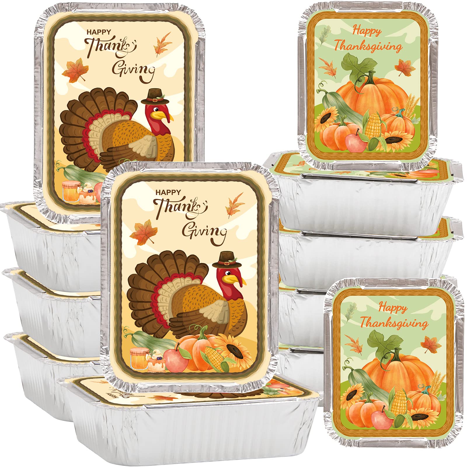 WorldBazaar Thanksgiving Aluminum Food Containers with Lids 24PCS Thanksgiving Leftover Containers with Lids 2 Size Disposable Turkey Aluminum Containers Thanksgiving Party Supplies