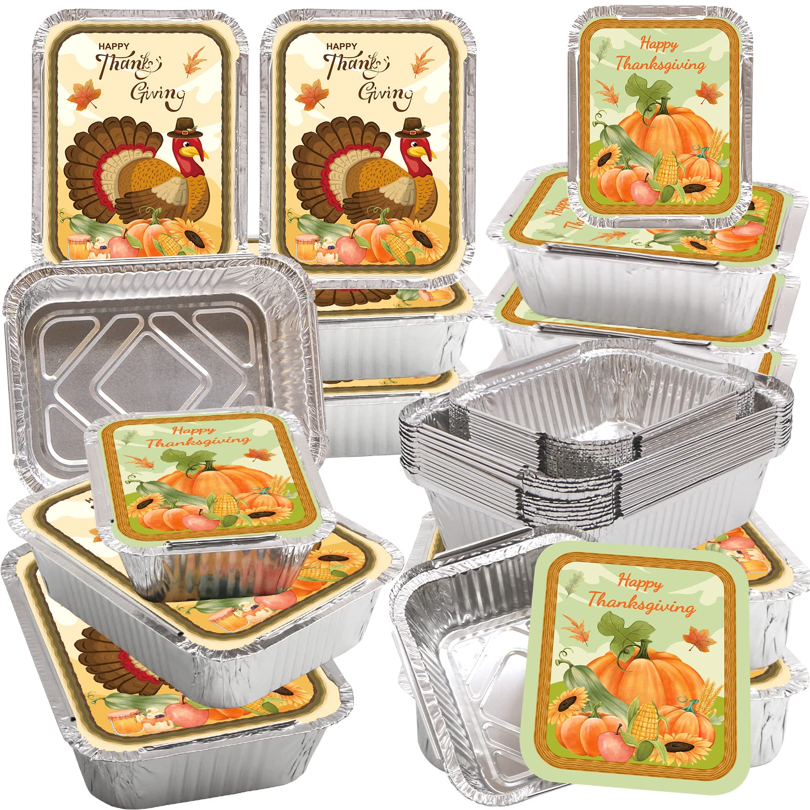 WorldBazaar Thanksgiving Aluminum Food Containers with Lids 24PCS Thanksgiving Leftover Containers with Lids 2 Size Disposable Turkey Aluminum Containers Thanksgiving Party Supplies