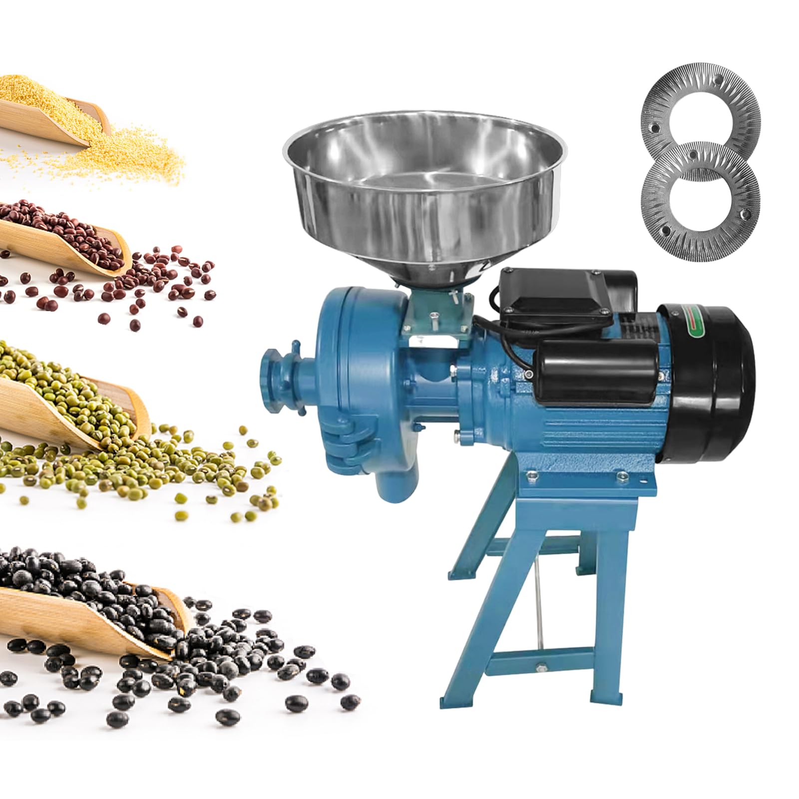 Eachbid 2 IN 1 Electric Grain Mills, 3000W Wet & Dry Cereals Grinder Machine w/Funnel, Adjustable 110V Grain Grinder Commercial Corn Wheat Grinder Feed Mill Flour Cereals Coffee Rice Mill Grinder