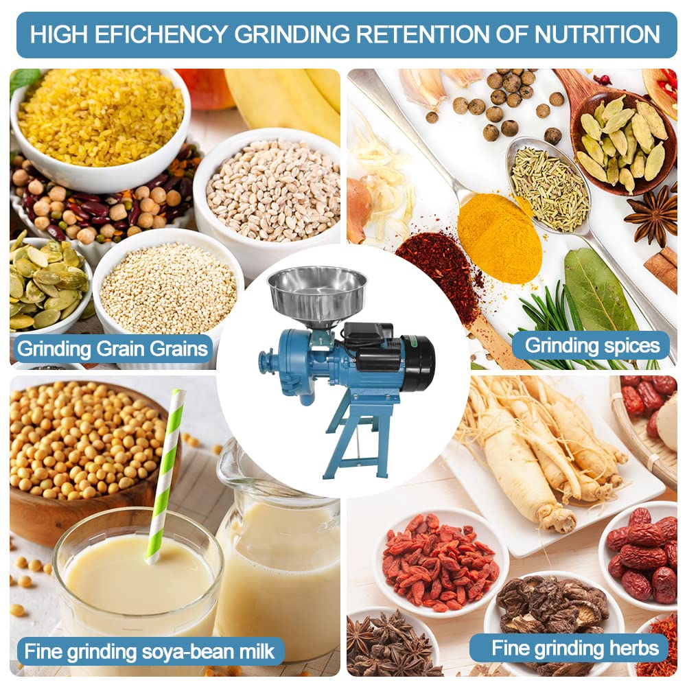 Eachbid 2 IN 1 Electric Grain Mills, 3000W Wet & Dry Cereals Grinder Machine w/Funnel, Adjustable 110V Grain Grinder Commercial Corn Wheat Grinder Feed Mill Flour Cereals Coffee Rice Mill Grinder