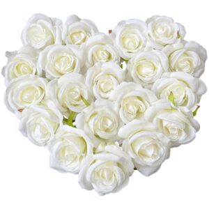 3.5 Inch Artificial Rose Flower Heads 20 Pcs Real Looking Ivory White Roses Heads for Wedding Home Decoration DIY Flower Crafts