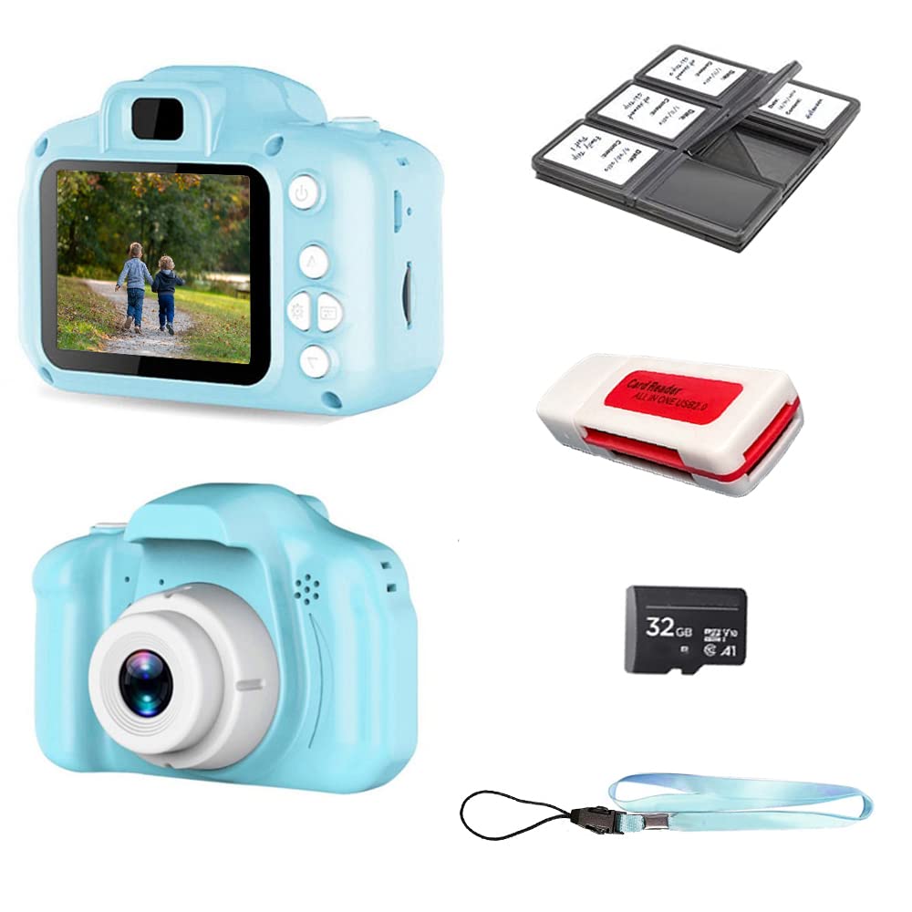 eDealz Full 1080P Kids Selfie HD Compact Digital Photo and Video Rechargeable Camera with 32GB TF Card & 2" LCD Screen and Micro USB Charging Drop Proof Blue (Blue Kit)