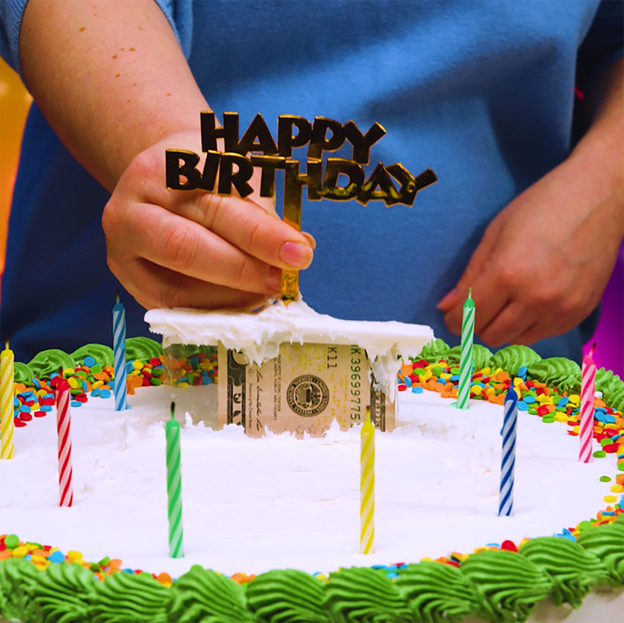 BEST PARTY EVER! Cash Stash Cake Surprise, Pull Out Money Box for Birthday Cake, Holds 40+ Bills, Happy Birthday Cake Topper, Includes Cake Cutter for Easy Use, 1 Count