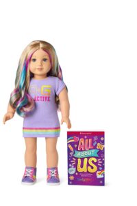 american girl truly me 18-inch doll #110 with blue eyes, blonde hair w/highlights, light skin, t-shirt dress, for ages 6+