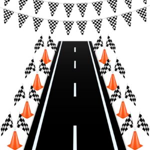 remagr 22 pcs race car birthday party supplies include racetrack floor running mat checkered racing pennant banner black and white flags on sticks, mini orange sports safety cones for racing party