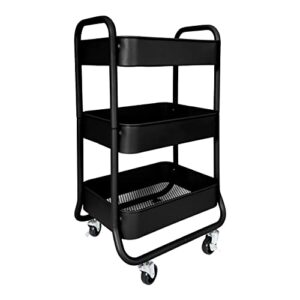 homestead 3-tier rolling cart - heavy duty metal rolling cart, lockable casters, multifunctional storage shelves - great for kitchen, office, bathroom, laundry room (black)