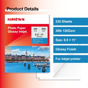 HARTWII 220 Sheets Inkjet Glossy Thin Paper 8.5x11 inch 30lb 120gsm A4 Letter Size For Brochure Printing, Custom Chip Bag Party Favors, Suitable for All Dye Ink HP001