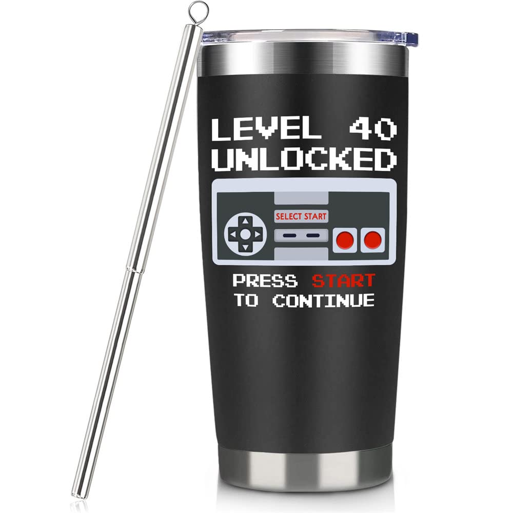 40th Birthday Gifts Men Birthday Gifts For Him 20oz Level 40 Unlocked Wine Tumbler Gifts For Video Game Lovers Husband Boyfriend Teen Boys Bday Xmas Party Presents Black Travel Cup With Straw