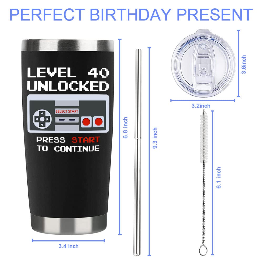 40th Birthday Gifts Men Birthday Gifts For Him 20oz Level 40 Unlocked Wine Tumbler Gifts For Video Game Lovers Husband Boyfriend Teen Boys Bday Xmas Party Presents Black Travel Cup With Straw