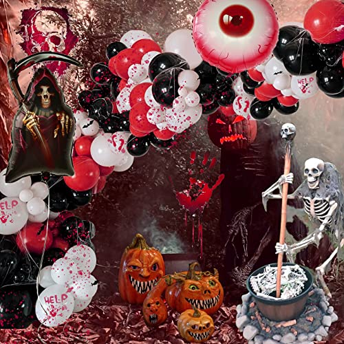 Felice Arts Halloween Blood Splatter Balloon Arch Garland Kit White Red Black Balloons with Red Blood Eye and Demon Foil Balloons for Birthday Vampire Haunted House Halloween Party Supplies