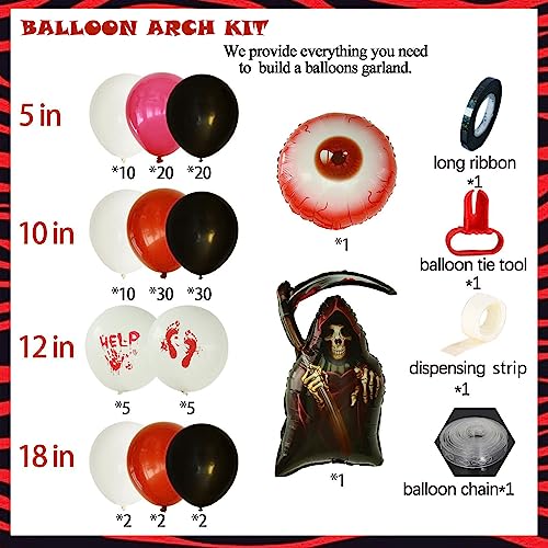 Felice Arts Halloween Blood Splatter Balloon Arch Garland Kit White Red Black Balloons with Red Blood Eye and Demon Foil Balloons for Birthday Vampire Haunted House Halloween Party Supplies