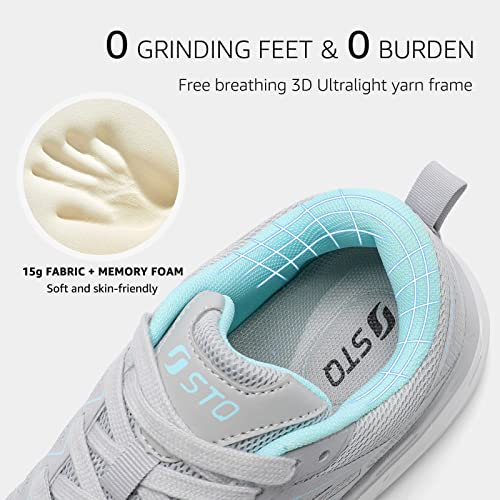 STQ Womens Fashion Sneakers with Arch Support, Comfortable Platform Shoes for Plantar Fasciitis, Orthopedic Walking Tennis Shoes Light Grey Teal Size 8