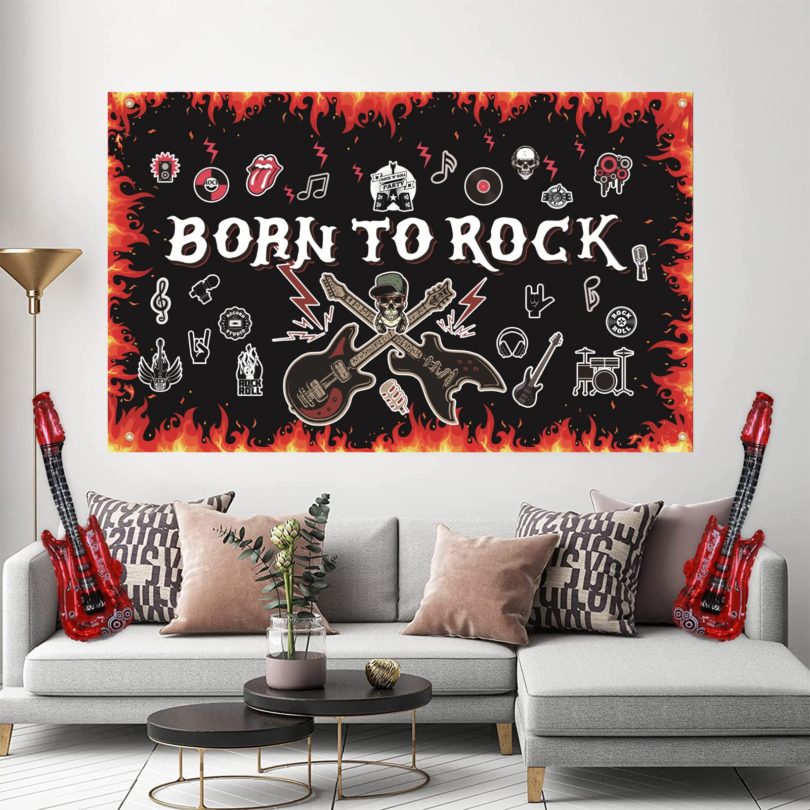 Crenics Rock and Roll Party Decorations - Large Born to Rock Backdrop Banner, Balloons Arch Kit and Guitar Foil Balloons for Rock Star Music Theme Birthday Party Supplies