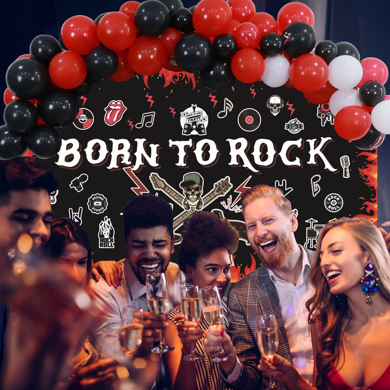 Crenics Rock and Roll Party Decorations - Large Born to Rock Backdrop Banner, Balloons Arch Kit and Guitar Foil Balloons for Rock Star Music Theme Birthday Party Supplies