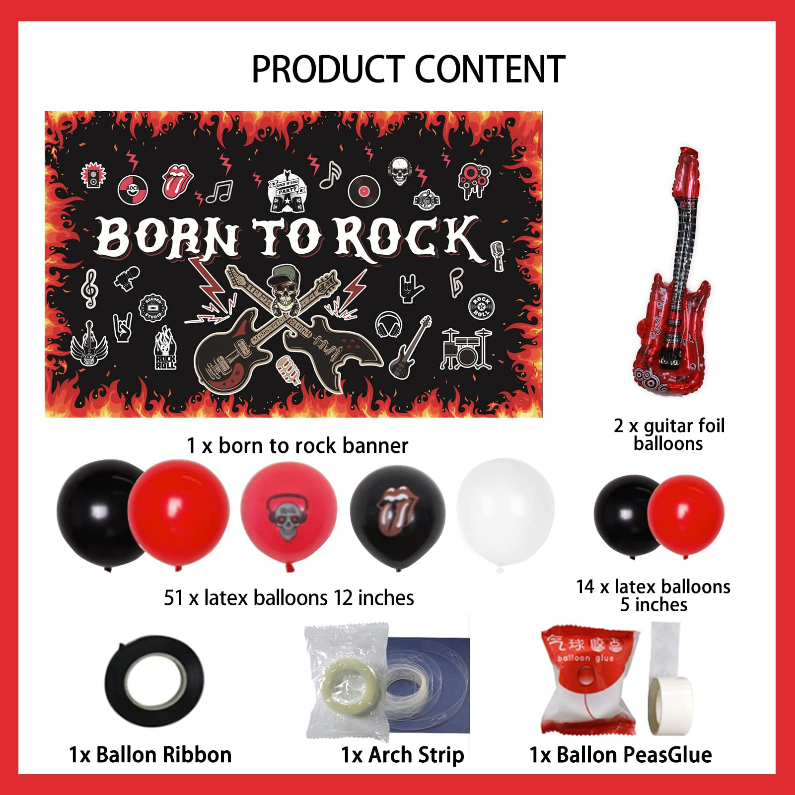 Crenics Rock and Roll Party Decorations - Large Born to Rock Backdrop Banner, Balloons Arch Kit and Guitar Foil Balloons for Rock Star Music Theme Birthday Party Supplies