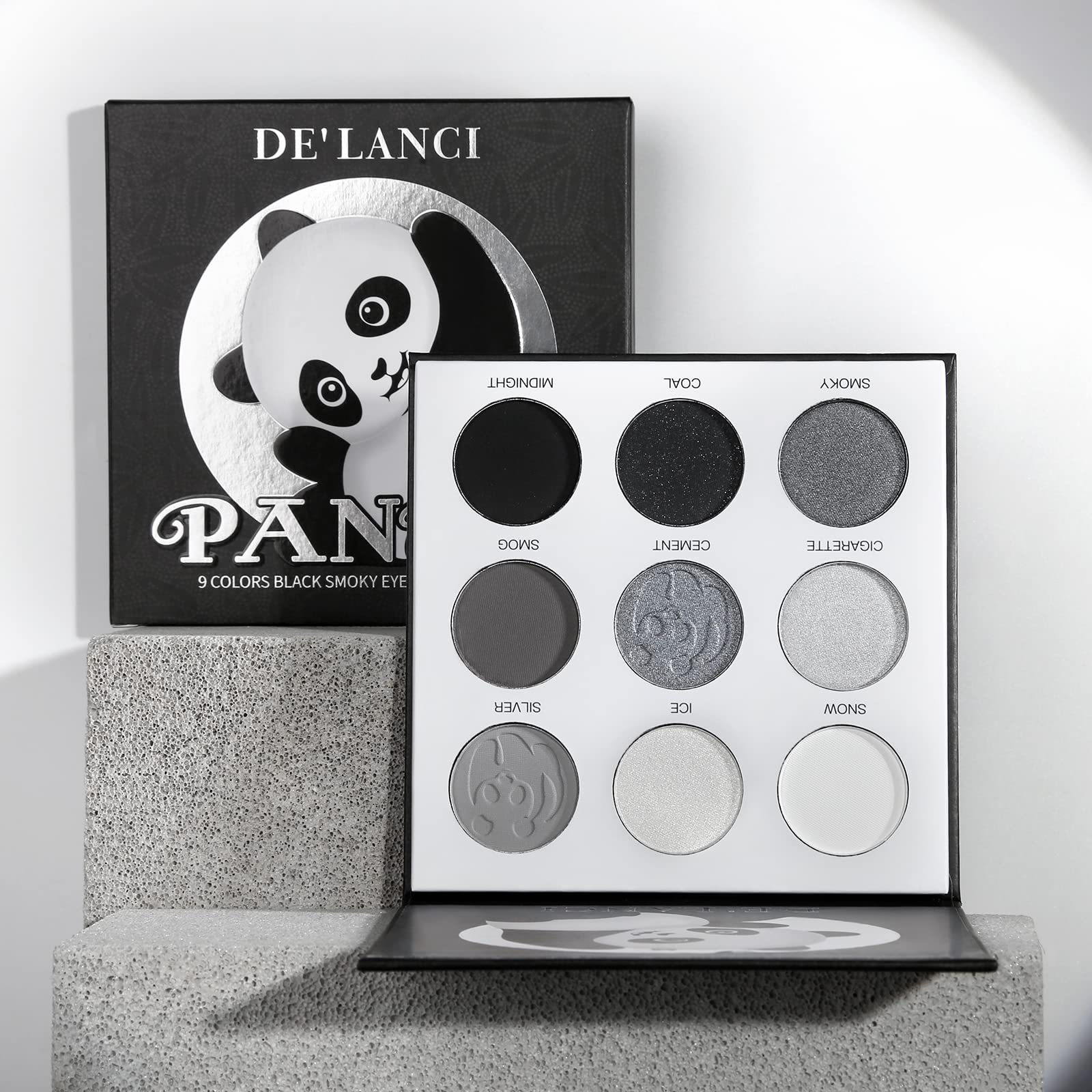 Black Smoky Eye shadow Palette, DE’LANCI PANDA 9 Colors True Black Dark Grey Smokey Goth Makeup Pallet, 9 Soft Matte Shimmer High Pigmented Basic Black White Gray Shade for Halloween