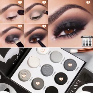 Black Smoky Eye shadow Palette, DE’LANCI PANDA 9 Colors True Black Dark Grey Smokey Goth Makeup Pallet, 9 Soft Matte Shimmer High Pigmented Basic Black White Gray Shade for Halloween