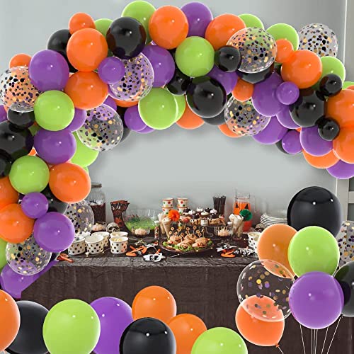 Labeol 136PCS Halloween Balloons Garland Kit, Halloween Party Decorations Orange Black Purple Green Confetti Balloons Arch Kit with Pumpkin Balloon and Spider Brithday Decorations Supplies