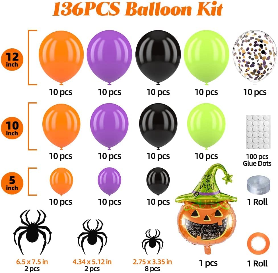 Labeol 136PCS Halloween Balloons Garland Kit, Halloween Party Decorations Orange Black Purple Green Confetti Balloons Arch Kit with Pumpkin Balloon and Spider Brithday Decorations Supplies