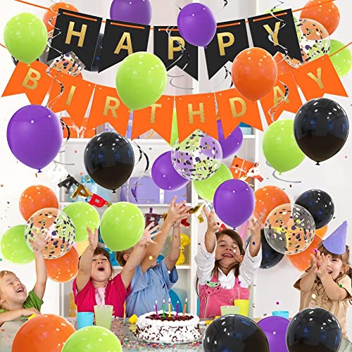 Labeol 136PCS Halloween Balloons Garland Kit, Halloween Party Decorations Orange Black Purple Green Confetti Balloons Arch Kit with Pumpkin Balloon and Spider Brithday Decorations Supplies