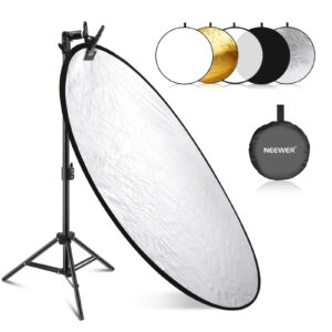 neewer 43"/110cm light reflector kit, 5 in 1 collapsible round reflector (translucent/silver/gold/white/black), metal clamp and 21"-43”/53-110cm short stand for low angle children studio photography