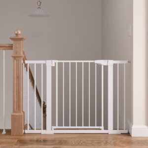 mumeasy baby gate for stairs, 29.6"-46" pressure mounted pet gate with walk through door, auto close dog gate for house, stairs, doorways