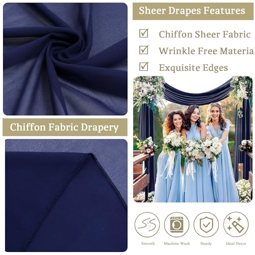 Wedding Arch Draping Fabric Chiffon Fabric Navy Blue Drapery 2 Panels 6 Yards Sheer Ceiling Drapes Chiffon Backdrop Curtains for Parties Wedding Ceremony Reception Arbor Curtains Swag Decorations