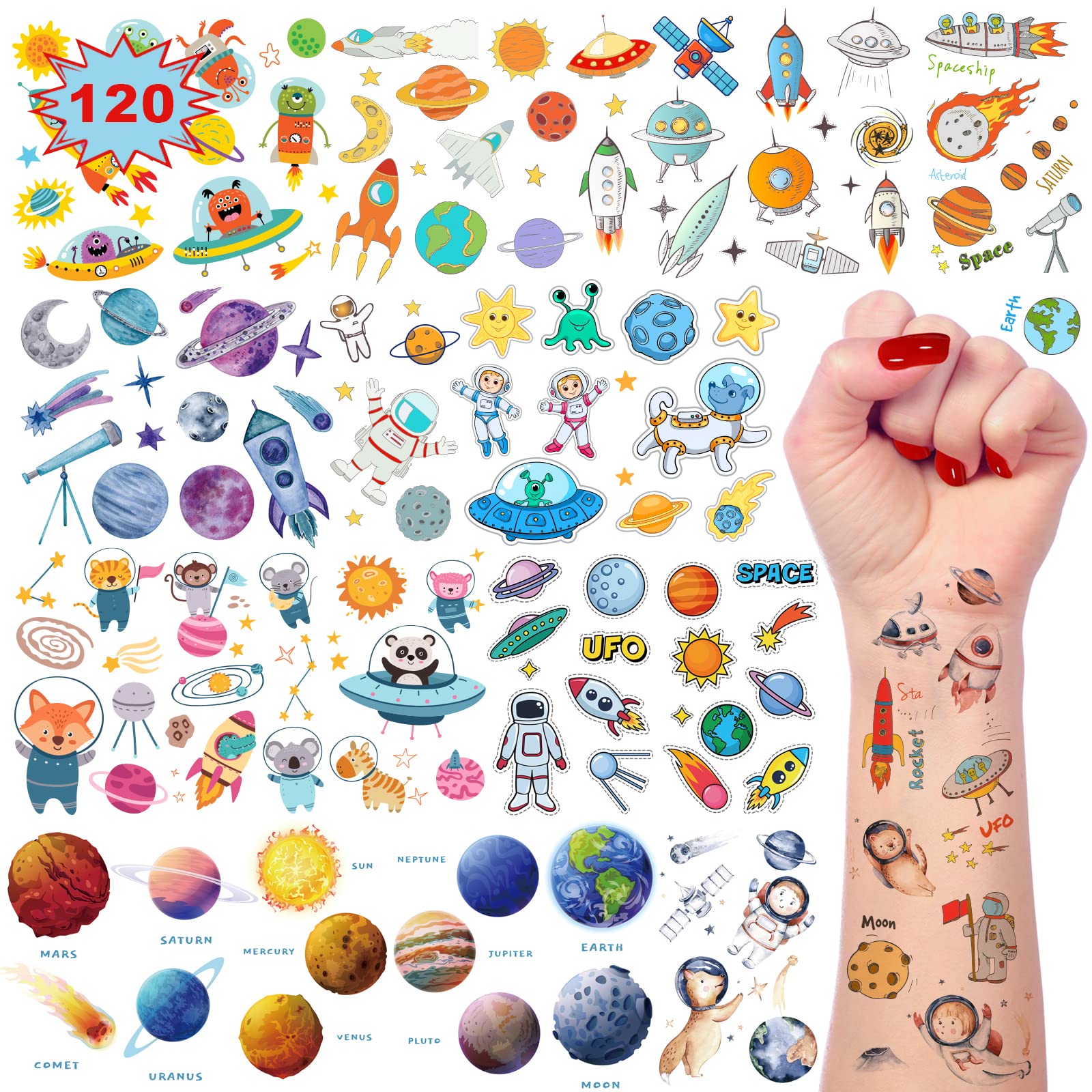 120+ Pieces Space Temporary Tattoos for Kids, 24 Sheets Planet Birthday Party Decoration, Rocketship Universe Sun Moon Tattoos Sticker for Children Boys Party Favors Supplies