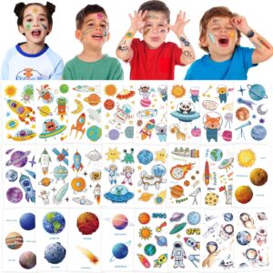 120+ Pieces Space Temporary Tattoos for Kids, 24 Sheets Planet Birthday Party Decoration, Rocketship Universe Sun Moon Tattoos Sticker for Children Boys Party Favors Supplies