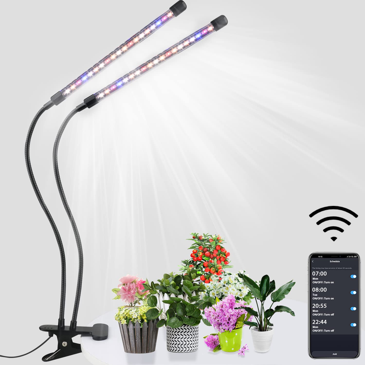 Lurious Led Grow Lights for Indoor Plants Full Spectrum, Smart WiFi Led Grow Light with Timer, Dimmable Clip on Grow Light App/Voice Control, Compatible with Alexa/Google/Siri (2 Tube)