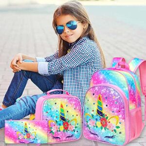 CCJPX 3PCS Unicorn Backpack for Girls, 16” Kids Sequin Bookbag and Lunch Box for Kindergarten Elementary