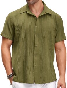 coofandy mens army green linen button up shirts short sleeve summer button down shirt vacation collared shirt (army green l)