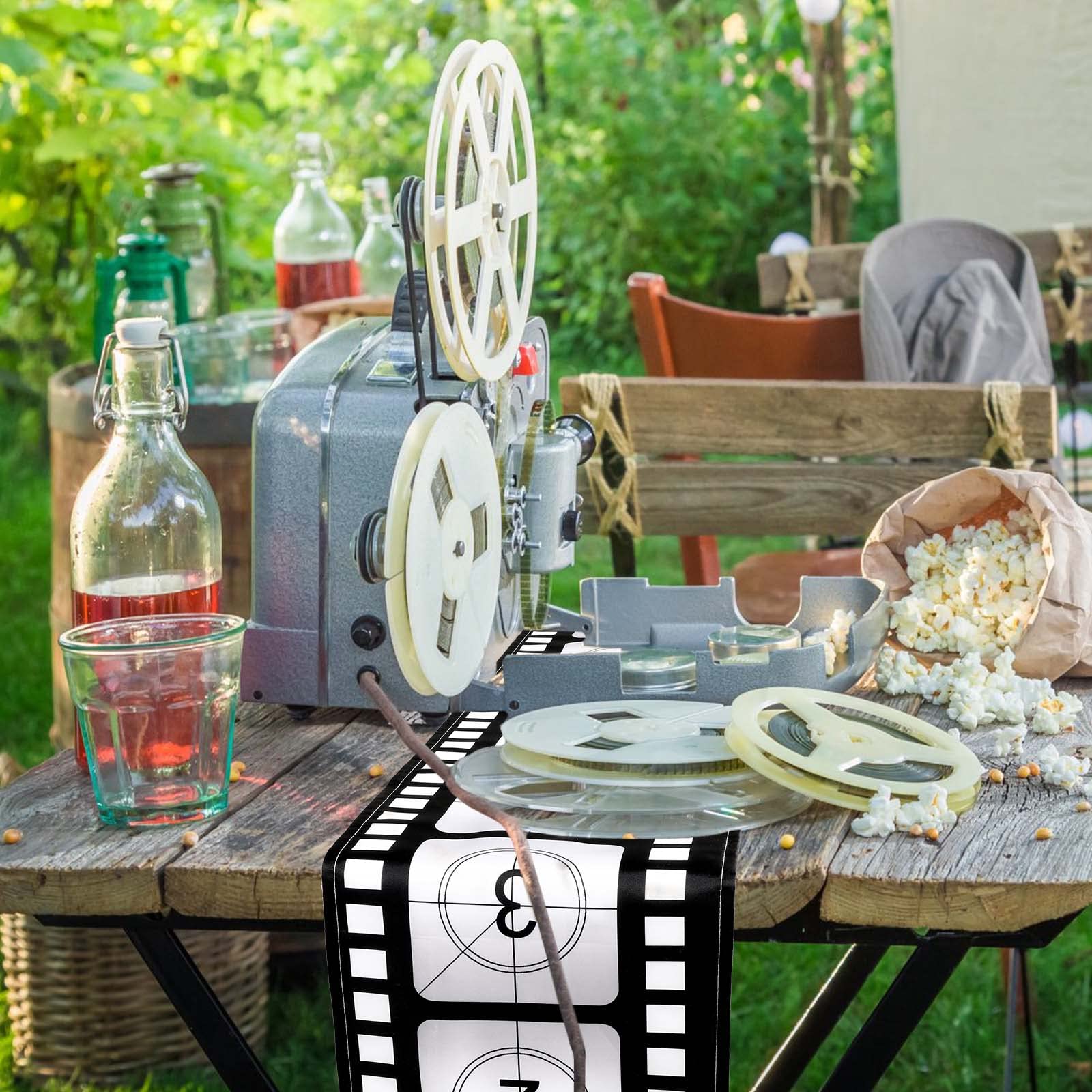 Movie Night Table Runner, 12 x 72 Inch Black and White Printed Filmstrip Table Runner Movie Reel Decor Movie Theme Tablecloth Decorations for Kitchen Film Party (Classic Style, 3 Pcs)