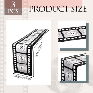 Movie Night Table Runner, 12 x 72 Inch Black and White Printed Filmstrip Table Runner Movie Reel Decor Movie Theme Tablecloth Decorations for Kitchen Film Party (Classic Style, 3 Pcs)