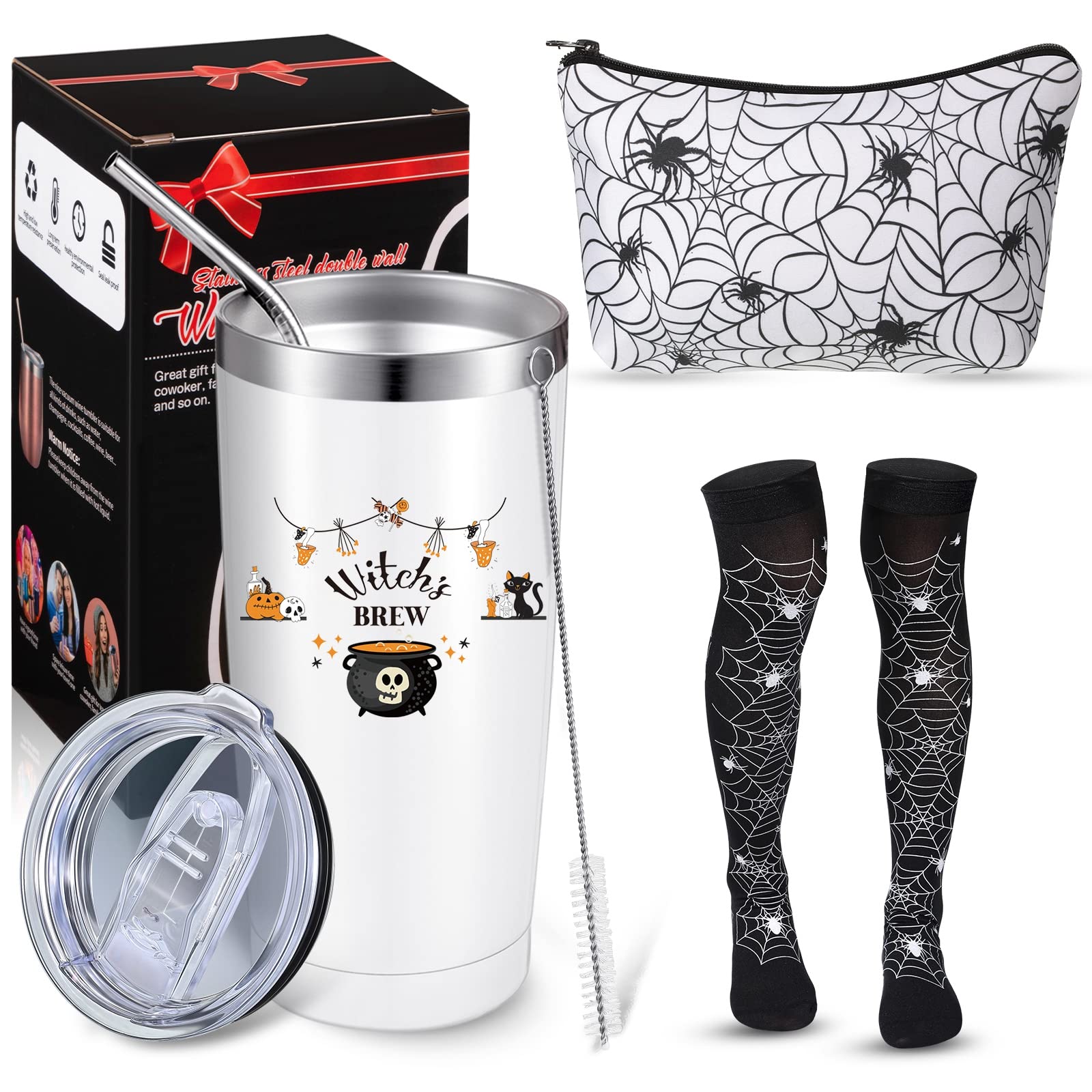 Geiserailie Halloween Funny Gifts Set Halloween Insulated Tumbler with Lid and Straw Halloween Makeup Bags and Spider Thigh High Stockings for Halloween Party Women Friends