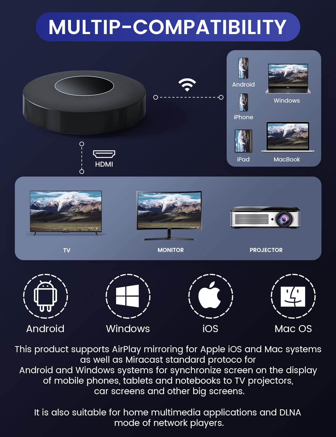 NAMCIM Wireless HDMI Display Dongle Adapter, Laptop/Pad/Phone to HDMI Adapter, NO Setup, NO APP Required, No Delay, Streaming Video/Audio from PC, Smartphone to HDTV Projector