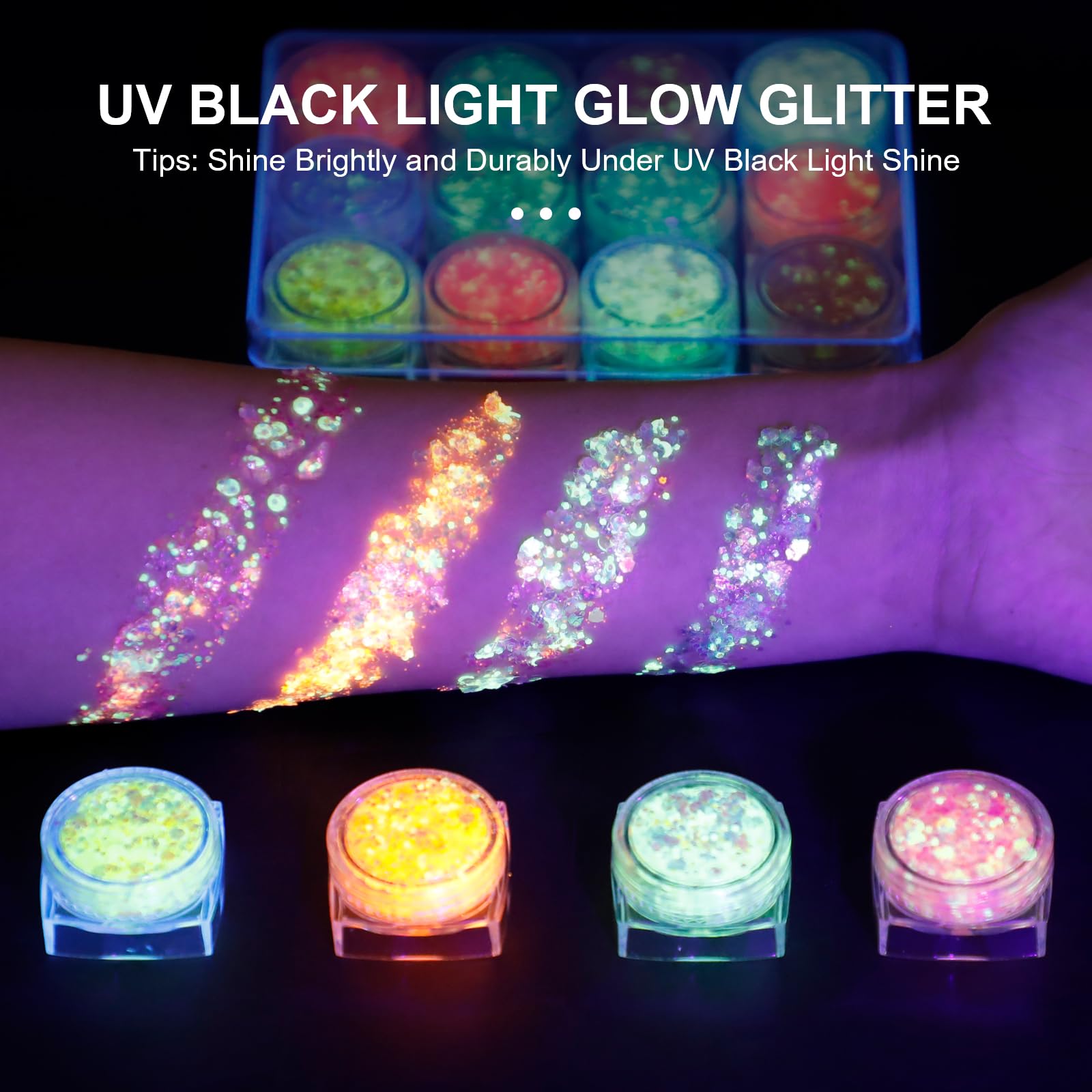 Glow in The Dark Body Glitter Gel, 12 Colors & Shapes Glitter Gel Makeup, UV Body Glitter for Women, Glow in The Dark Face Glitter Makeup Gel, Chunky Glitter Makeup for Party Rave Festival Accessories