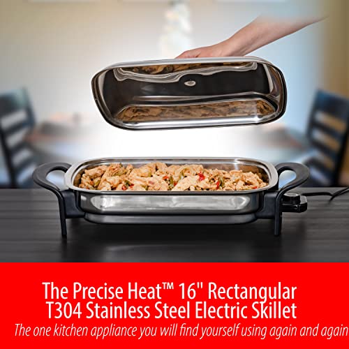 Maxam 16-Inch Electric Skillet - Rectangular Stainless Steel Pan with Handles and Lid Cover