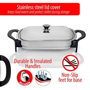 Maxam 16-Inch Electric Skillet - Rectangular Stainless Steel Pan with Handles and Lid Cover