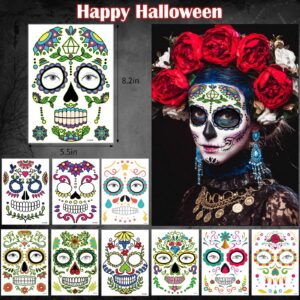 Day of the Dead Face Tattoos Makeup Kit, 10 Pack Halloween Sugar Skull Red Roses Temporary Tattoos for Adults Women Men Kids, DIY Skull Full Face Mask Stickers for Halloween Party Cosplay Supplies