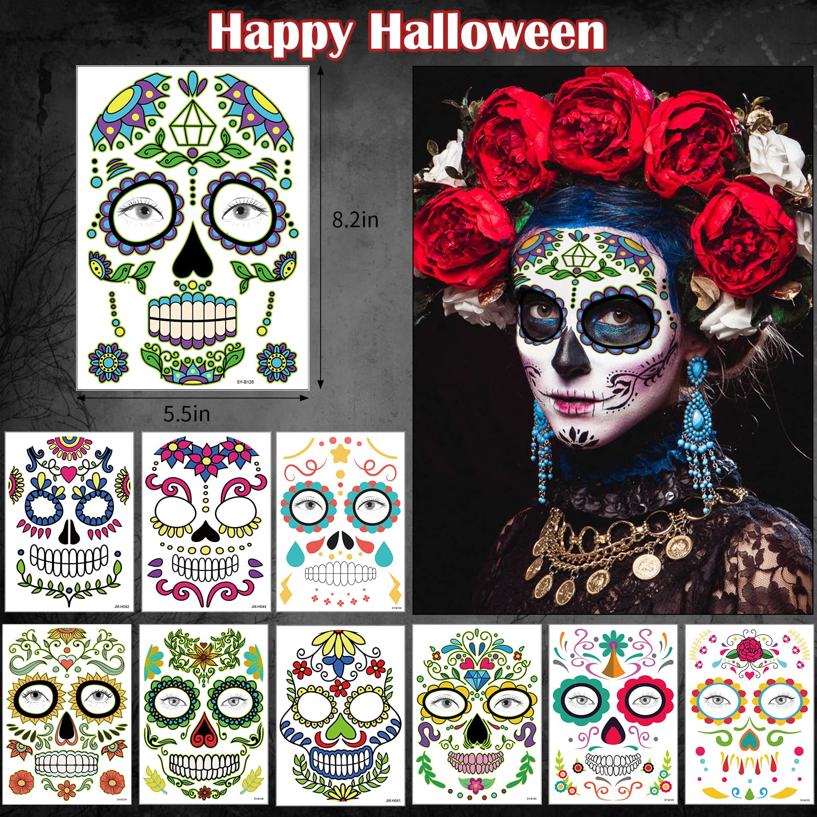 Day of the Dead Face Tattoos Makeup Kit, 10 Pack Halloween Sugar Skull Red Roses Temporary Tattoos for Adults Women Men Kids, DIY Skull Full Face Mask Stickers for Halloween Party Cosplay Supplies