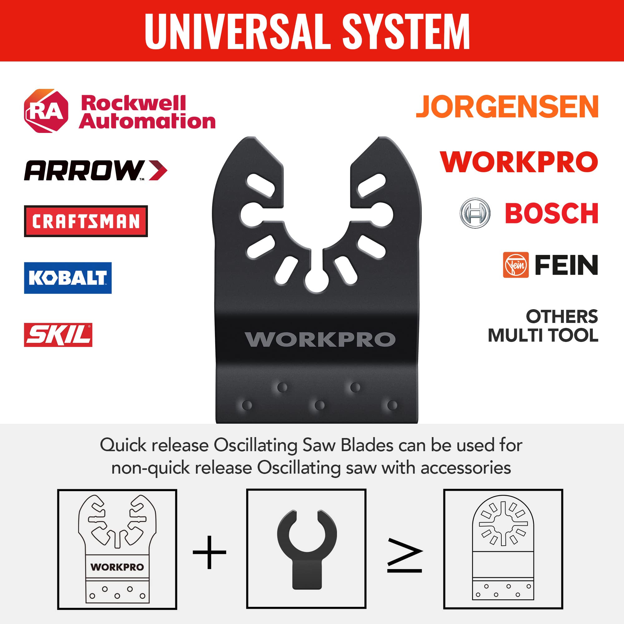 WORKPRO Oscillating Saw Blades, Quick Release Multitool Blades for Cutting Wood Metal Plastic, Universal Tool Blades Fit Dewalt Worx Milwaukee Black&Decker Rockwell Makita Fein Craftsman(10PC)