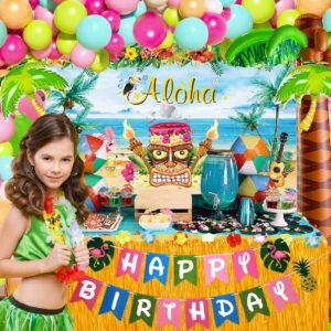 161Pcs Hawaiian Luau Party Decorations Pack, Tropical Beach Themed Summer Pool Party Supplies Including Aloha Backdrop, Flamingo Birthday Banner, Grass Table Skirt, Palm Leaves and Hibiscus, Pineapple