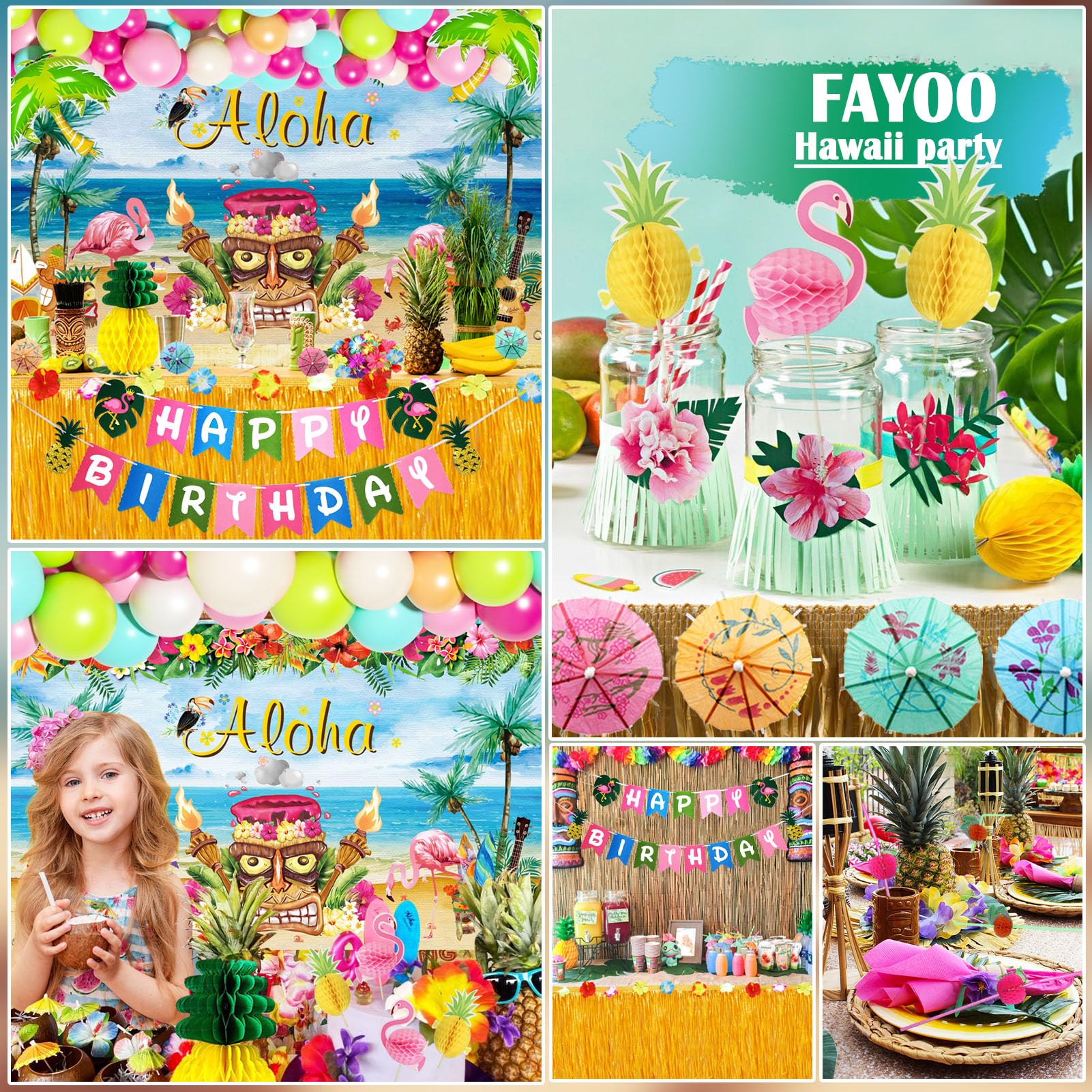 161Pcs Hawaiian Luau Party Decorations Pack, Tropical Beach Themed Summer Pool Party Supplies Including Aloha Backdrop, Flamingo Birthday Banner, Grass Table Skirt, Palm Leaves and Hibiscus, Pineapple