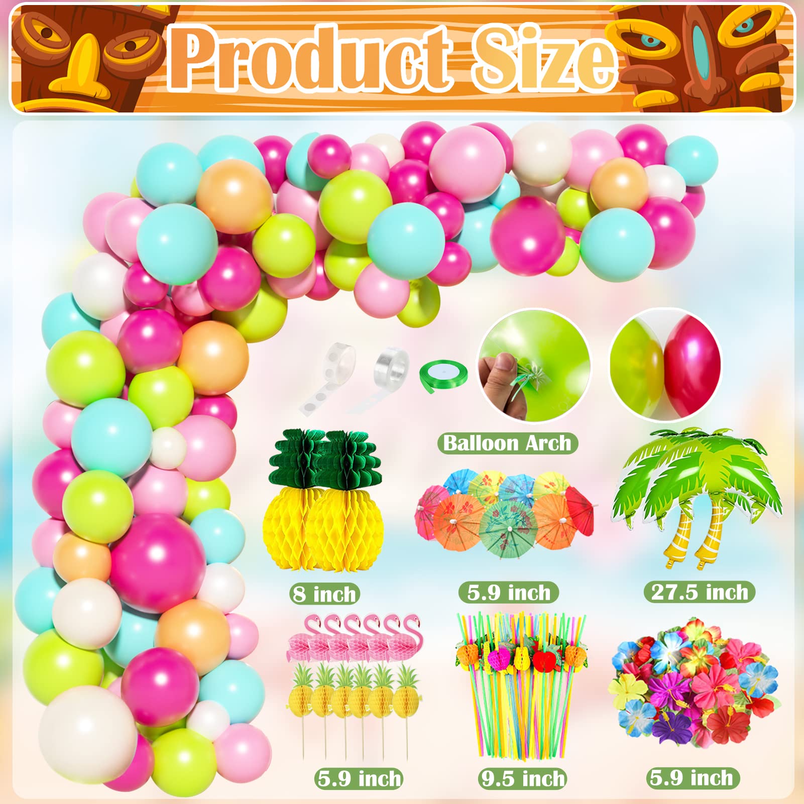 161Pcs Hawaiian Luau Party Decorations Pack, Tropical Beach Themed Summer Pool Party Supplies Including Aloha Backdrop, Flamingo Birthday Banner, Grass Table Skirt, Palm Leaves and Hibiscus, Pineapple