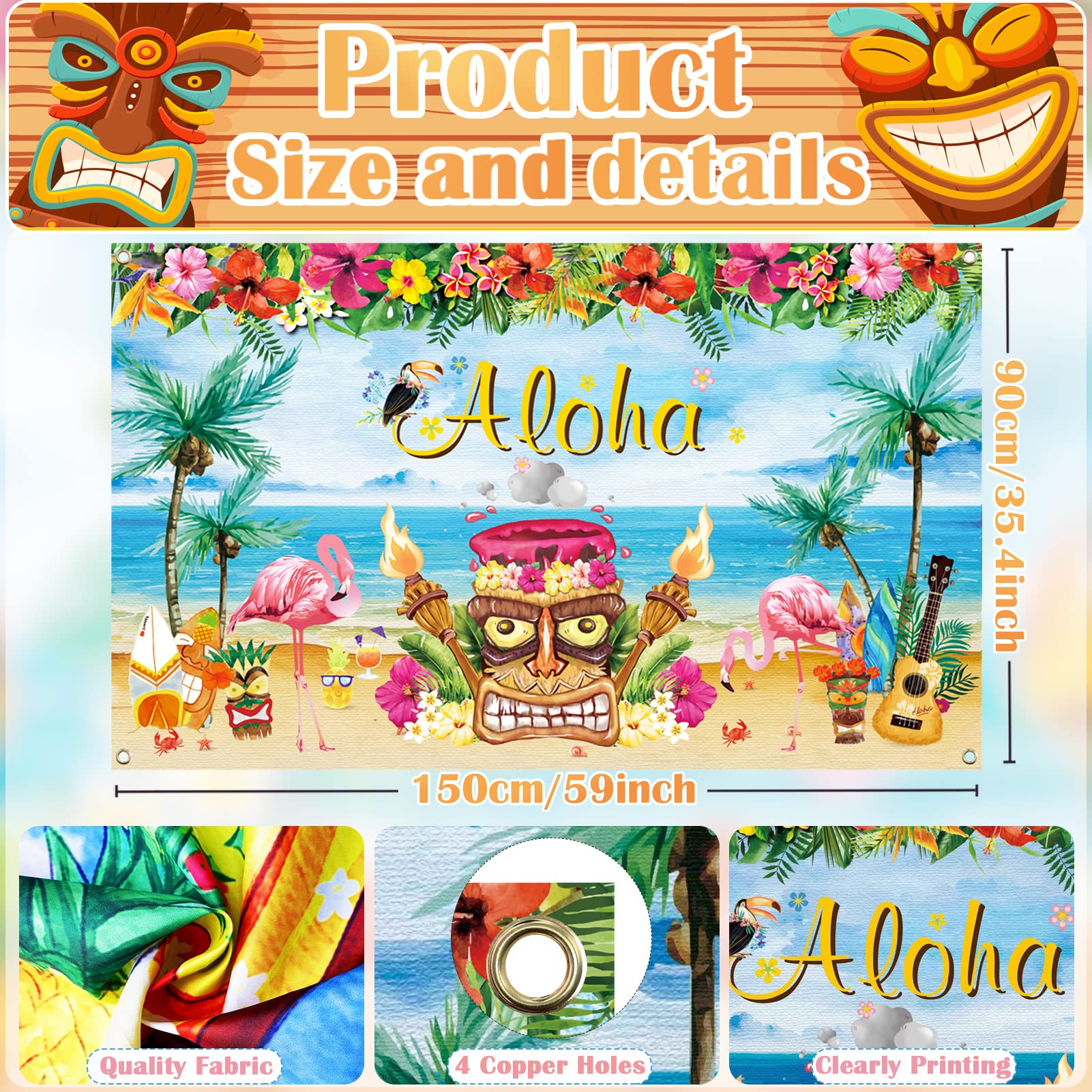 161Pcs Hawaiian Luau Party Decorations Pack, Tropical Beach Themed Summer Pool Party Supplies Including Aloha Backdrop, Flamingo Birthday Banner, Grass Table Skirt, Palm Leaves and Hibiscus, Pineapple