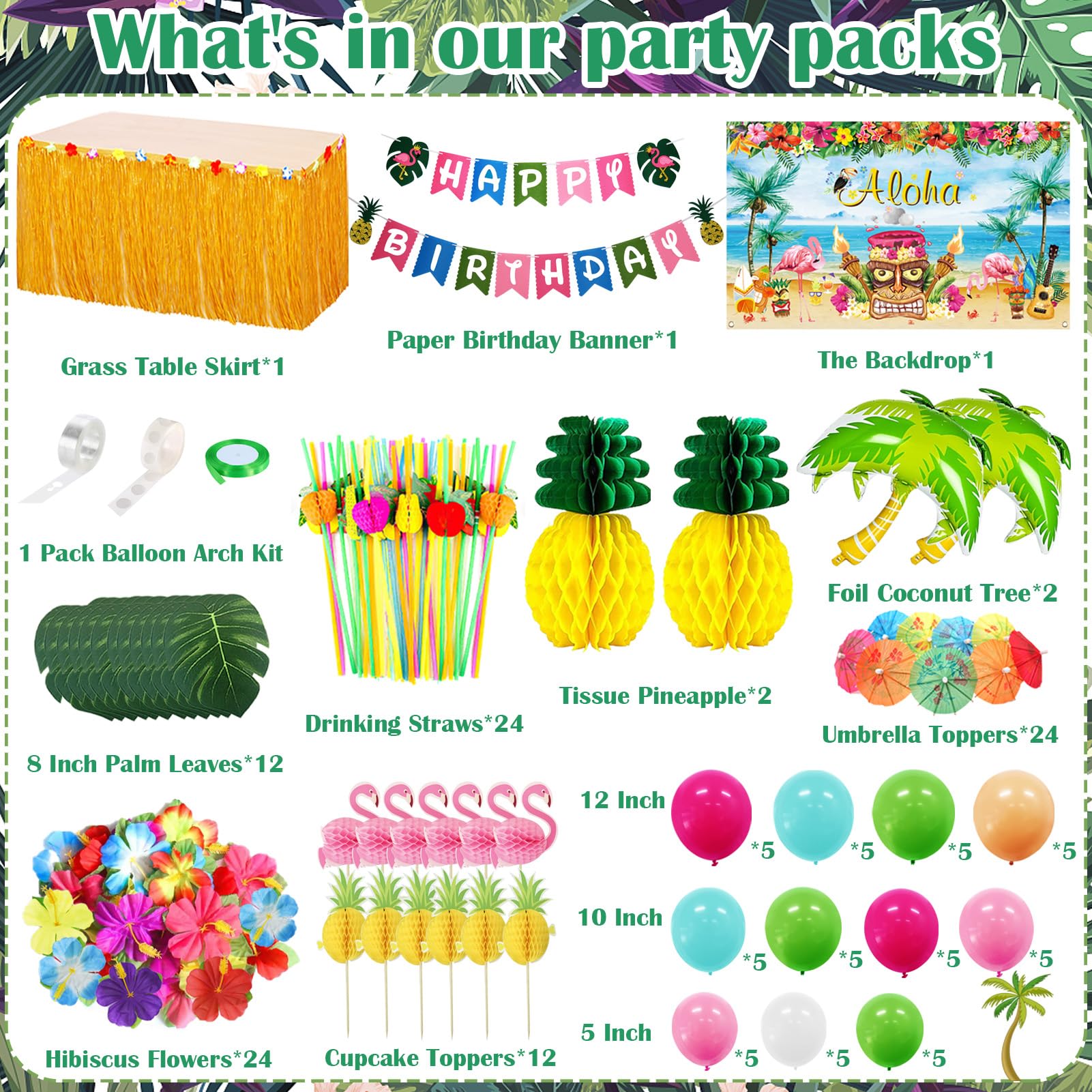 161Pcs Hawaiian Luau Party Decorations Pack, Tropical Beach Themed Summer Pool Party Supplies Including Aloha Backdrop, Flamingo Birthday Banner, Grass Table Skirt, Palm Leaves and Hibiscus, Pineapple