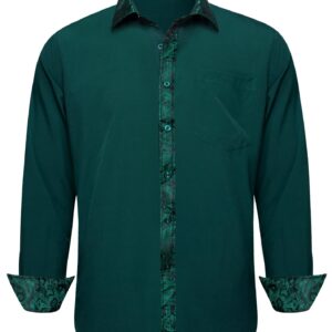 YOHOWA Men's Shirt Solid Color Cotton Silk Long Sleeve Button Down Dress Shirts Business Formal Dark Green