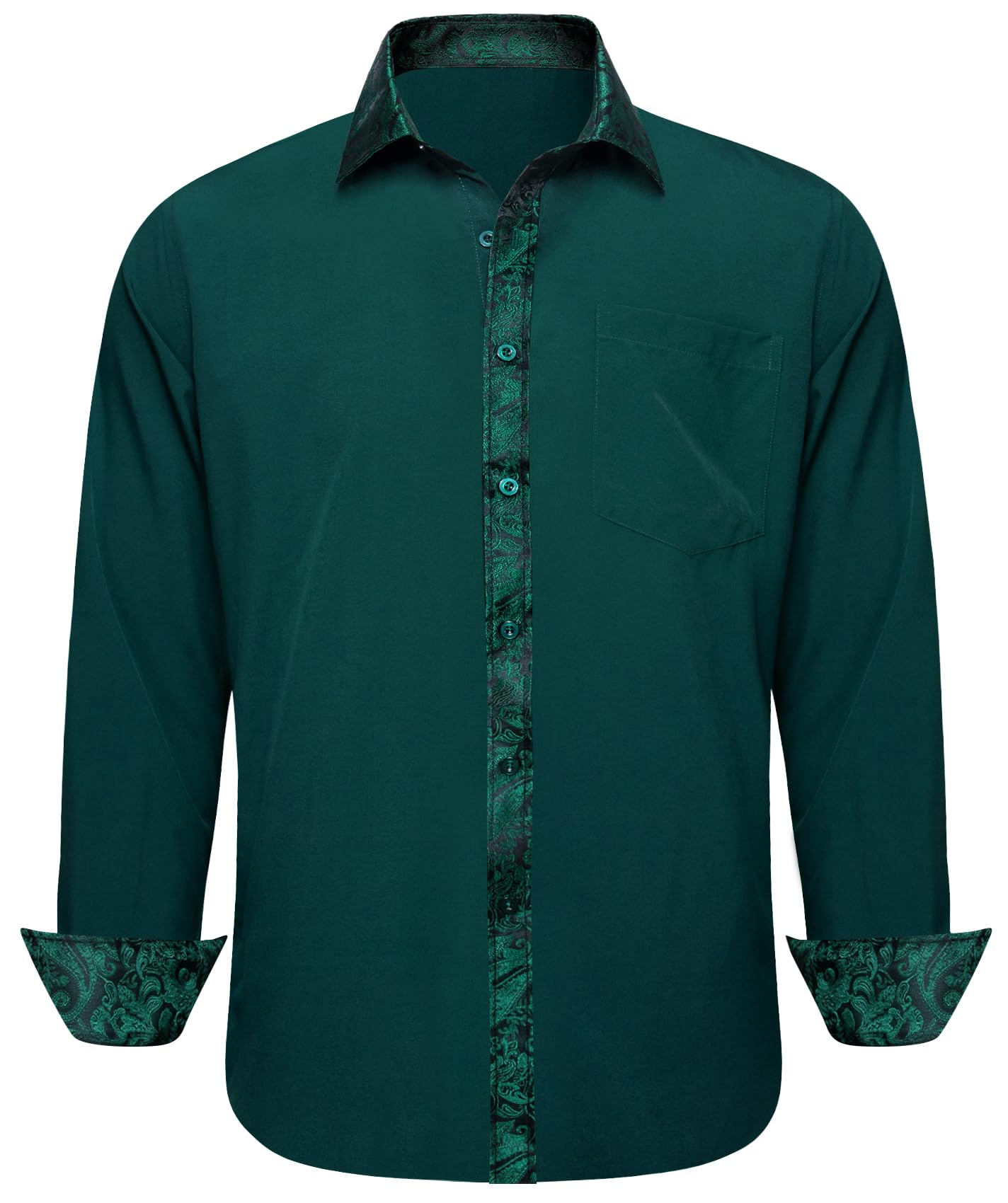 YOHOWA Men's Shirt Solid Color Cotton Silk Long Sleeve Button Down Dress Shirts Business Formal Dark Green